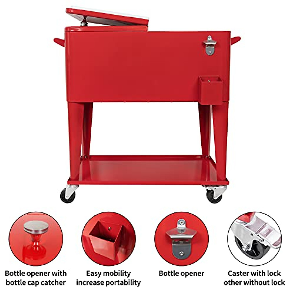 Rolling Ice Chest Cooler for Outdoor Patio Deck Party,80 Quart Ice Chest with Wheels,Portable Party Bar Cold Drink Beverage Cart,Backyard Cooler Trolley on Wheels with Shelf,Bottle Opener,Red
