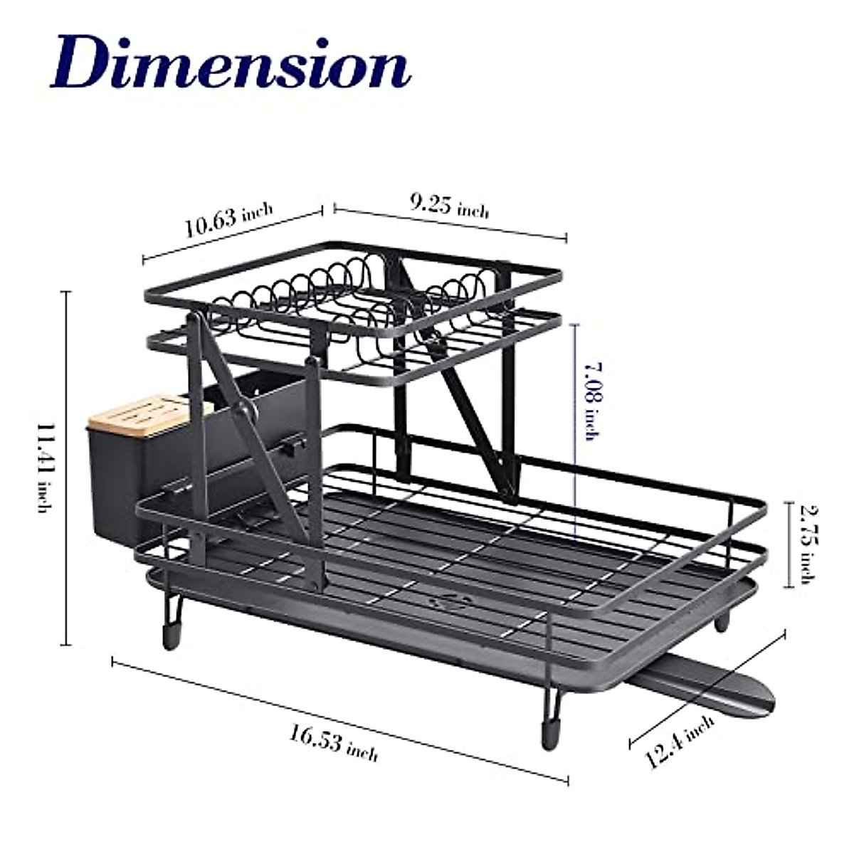 TOOLF 2 Tier Dish Drying Rack, Dish Rack for Kitchen Counter, Free Assembly Foldable Drainboard and Drainer with Wooden Utensil Holder for Kitchen Sink, Black
