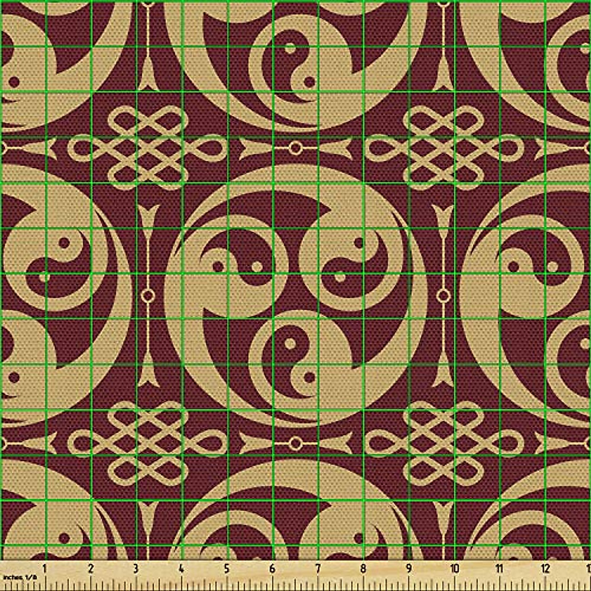 Ambesonne Yin Yang Fabric by The Yard, Oriental in Triple Circular Form with Everlasting Knot, Decorative Fabric for Upholstery and Home Accents, Sand Brown and Ruby
