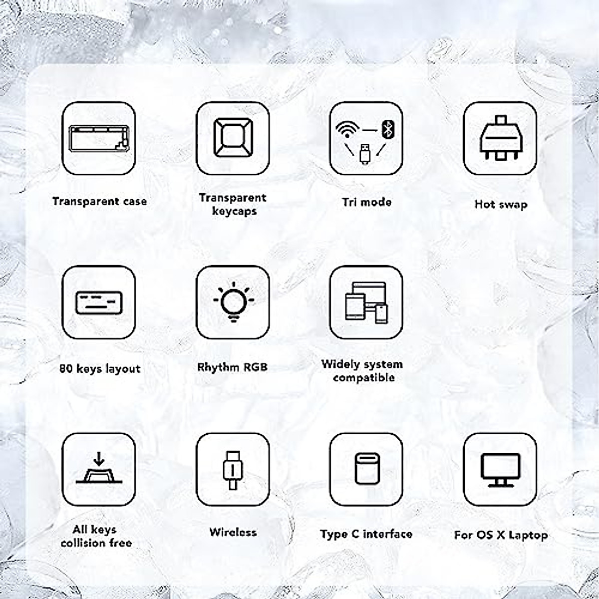 Acogedor 80 Keys Mechanical Gaming Keyboard with Transparent Case, Type C Wired, for Bluetooth and 2.4GHz Wireless Connection, Gasket Structure, for Win, for OS X, for iOS, for Android