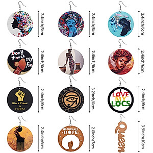 12 Pairs African Map Women Earrings Round Natural Wooden Painted Earrings Ethnic Style Dangle Earring (Letter Queen)