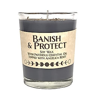 Banish & Protect Black Spell Candle | Patchouli Infused, Topped with Angelica Root | Lemurian Moon Soy Candle for Spells & Rituals