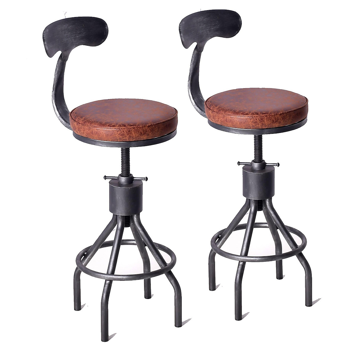 BOKKOLIK Set of 2 Bar Stools Industrial Style Kitchen Counter Island Stool Dining Chiar with Backrest Rustic Guest Chair Swivel PU Seat 23-33inch Height Adjustable
