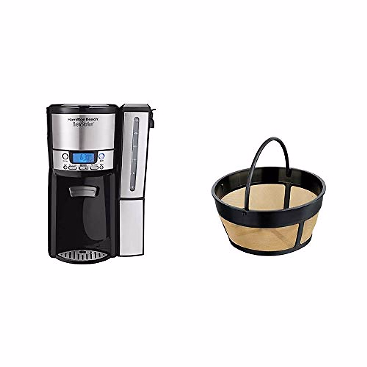 Hamilton Beach (47950) Coffee Maker with 12 Cup Capacity & Internal Storage Coffee Pot, Brewstation, Black/Stainless Steel & Hamilton Beach Permanent Gold Tone Filter, (80675R/80675)