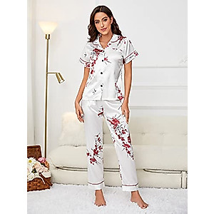 WDIRARA Women's 2 Piece Satin Pajamas Floral Silk Short Sleeve Button Down Shirt and Pants Pajama Pj Set White S