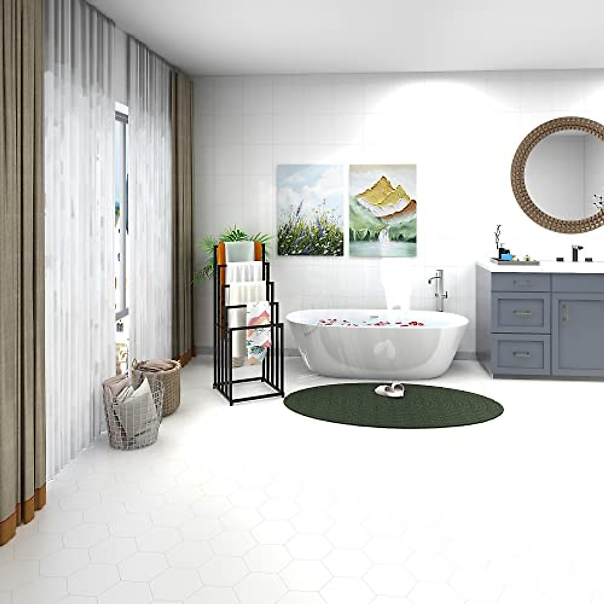 HAHRIR Black Metal 5-Tiers Stainless Steel Towel Racks ,Freestanding Towel Holder for Bathroom Accessories Organizer，for Bath Storage & Hand Towels&Washcloths& Blanket Rack