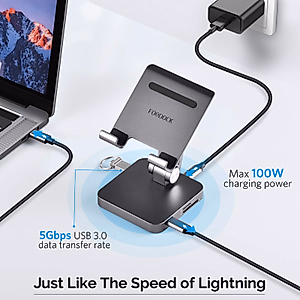 USB C Hub Stand, 7 in 1 USB C Multiport Adapter with 4K@30Hz HDMI, 100W Power Delivery, Micro SD Card Reader, 5Gbp USB 3.0, Headphone Jack, Tablet, Phone, Adjustable Type C Hub for iPad Pro Mac Chrome