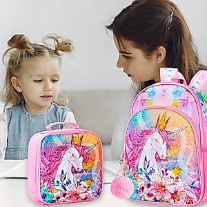 WZLVO 3PCS Unicorn Backpack for Girls, 16” Kids Sequin Bookbag, Elementary Preschool School Back Packs and Lunch Box