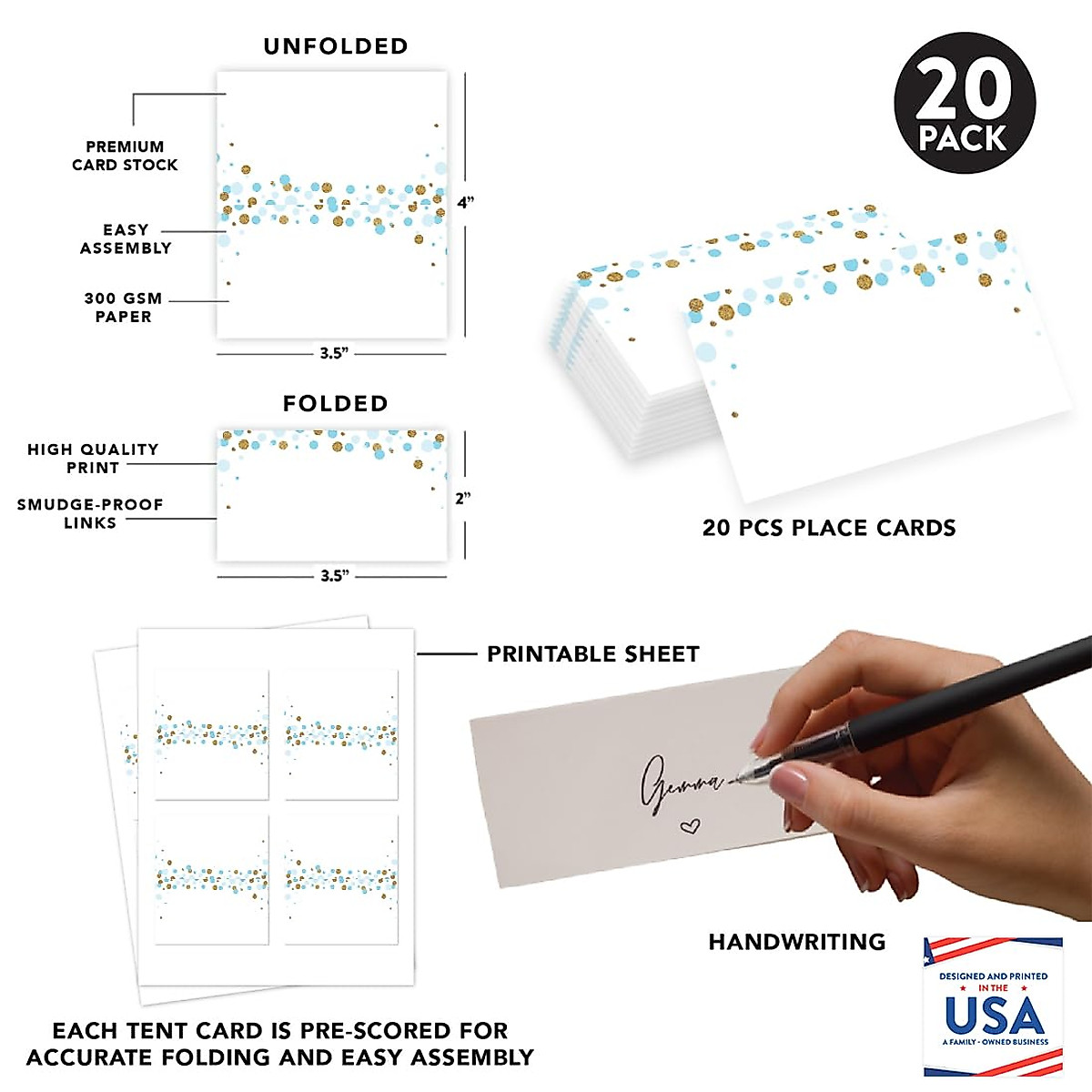 Andaz Press Light Blue Gold Glitter Boy Baby Shower, Printable Table Tent Place Cards, 20-Pack, Seat Placement Cards Blank Place Cards For Table Settings Name Cards for Baby Bridal Wedding Shower