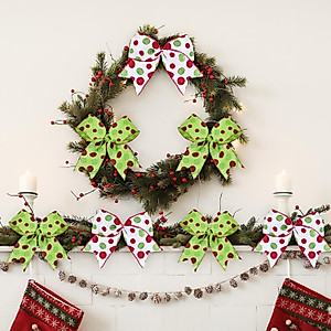 4 Rolls Christmas Ribbons Polka Dot Ribbon Wired Glitter Christmas Wired Ribbons Burlap Decorative Grinch Ribbons for DIY Craft Wreath Bows (Green, Red, 2.5 Inch x 6 Yard Per Roll)