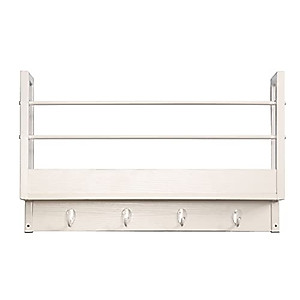 JJS Floating Book Shelf Coat Rack, Wall Mounted Storage Shelves with Coat Hooks Key Holder for Entryway Hallway Bathroom Living Room Bedroom, White, Set of 2