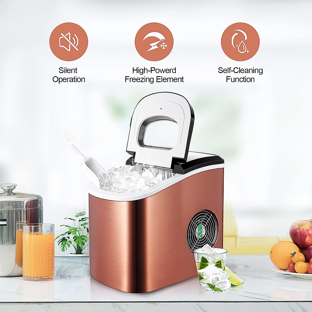 Hicer Counter top Ice Maker Machine with Self-Cleaning- 2 Size Bullet Shaped Ice,9 Cubes Ready in 6-8 Minutes,26LBS/24H-with Ice Scoop and Basket,for Home/Kitchen/Bar/Office (Bronze)