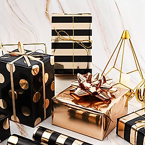 Packanewly Wrapping Paper Roll - 17 inch x 120 inch (3-Pack, 42.3 sq.ft.ttl.) Mini Roll - Black Gold Design with Big Dot, Stripe