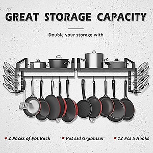 KINDEN 2 Pack 23 Inch Pot Rack Wall Mounted,Hanging Pot Organizer and Pans Lids Storage, Kitchen Cookware Hanging Shelves with 12 Hooks (Black)