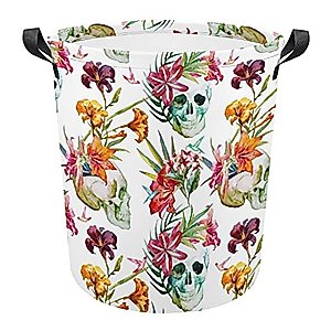 Skull with Flowers Oxford Cloth Laundry Basket with Handles Storage Basket for Toy Organizer Kids Room Nursery Hamper Bathroom