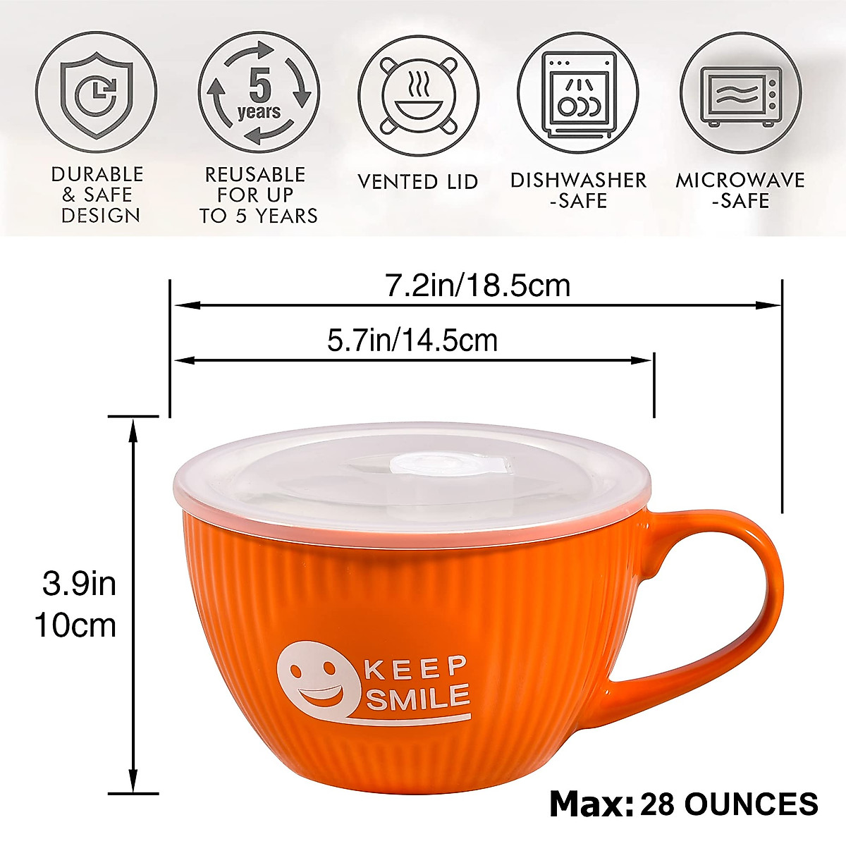 fMSDD 28oz Ceramic Meal Prep Bowl Soup Mug with Lid, Dishwasher & Microwave Safe, Lead-Free Food Container, Orange