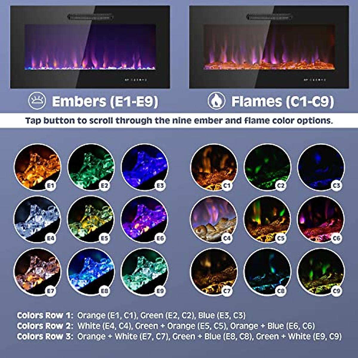 Prominence Home LED Slim Design Electric Fireplace Insert and Wall Mounted Fireplace with 1500 Watt Heater, Log & Crystal Ember Options, Adjustable Realistic Flame and Remote Control, (36 Inch)