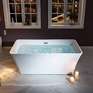 WOODBRIDGE 59" Freestanding Acylic Soaking Bathtub with White, Drain and Overflow inBrushed, BTA1509-B/N-Drain &O + Pillow, with Brushed Nickel Drian