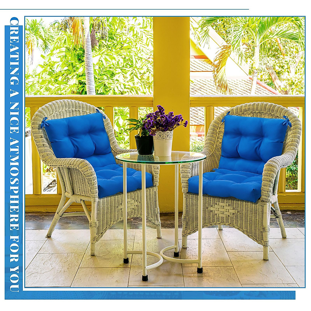 Marsui 4 Pcs Outdoor Indoor High Back Chair Cushions Patio Furniture Tufted Pillow with Ties All Weather Replacement Outdoor Rocking Chair Cushions, 42 x 21 Inches (Blue)