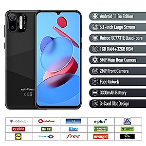 Ulefone Unlocked Cell Phones, Note 6 Android 11 Unlocked Smartphones, Ultra-Slim Lightweight, Triple Card Slots, 6.1" Waterdrop Full-Screen Dual SIM Phones, 3300mAh, Face Unlock, US Version - Black