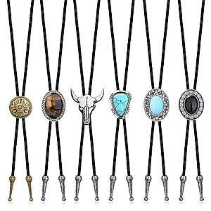 LOLIAS Bolo Tie,Handmade Vintage Bolo Ties for Men Western Cowboy Leather Necktie with Natural Tiger Eye Stone Costume Accessories for Men Women 6Pcs