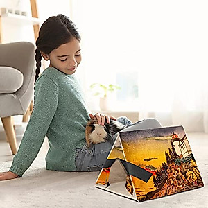 RATGDN Small Pet Hideout Watercolor Painting Lighthouse Hamster House Guinea Pig Playhouse for Dwarf Rabbits Hedgehogs Chinchillas