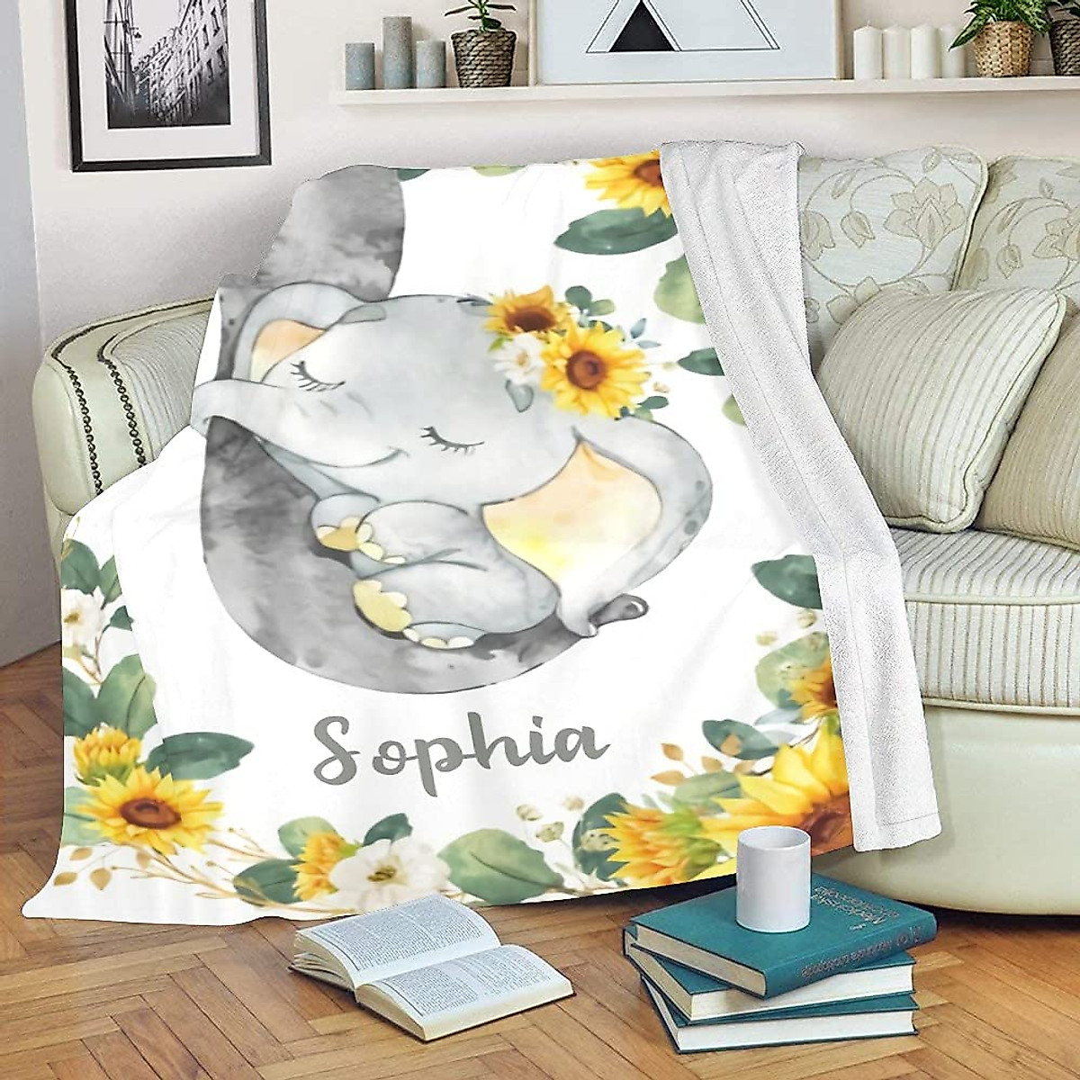 CUXWEOT Watercolor Elephant Sunflower Baby Blankets with Name Custom Baby Nursery Blanket for Boy Girl 30x40 Inches