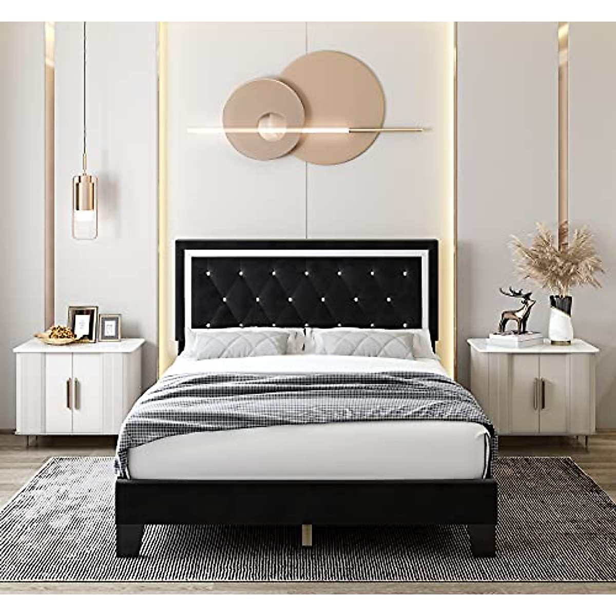 Queen Bed Frame, Diamond Tufted Upholstered Platform Bed Frame with Adjustable Headboard, Mattress Foundation with Wooden Slat Support, No Box Spring Needed, Easy Assembly (Queen, Black)