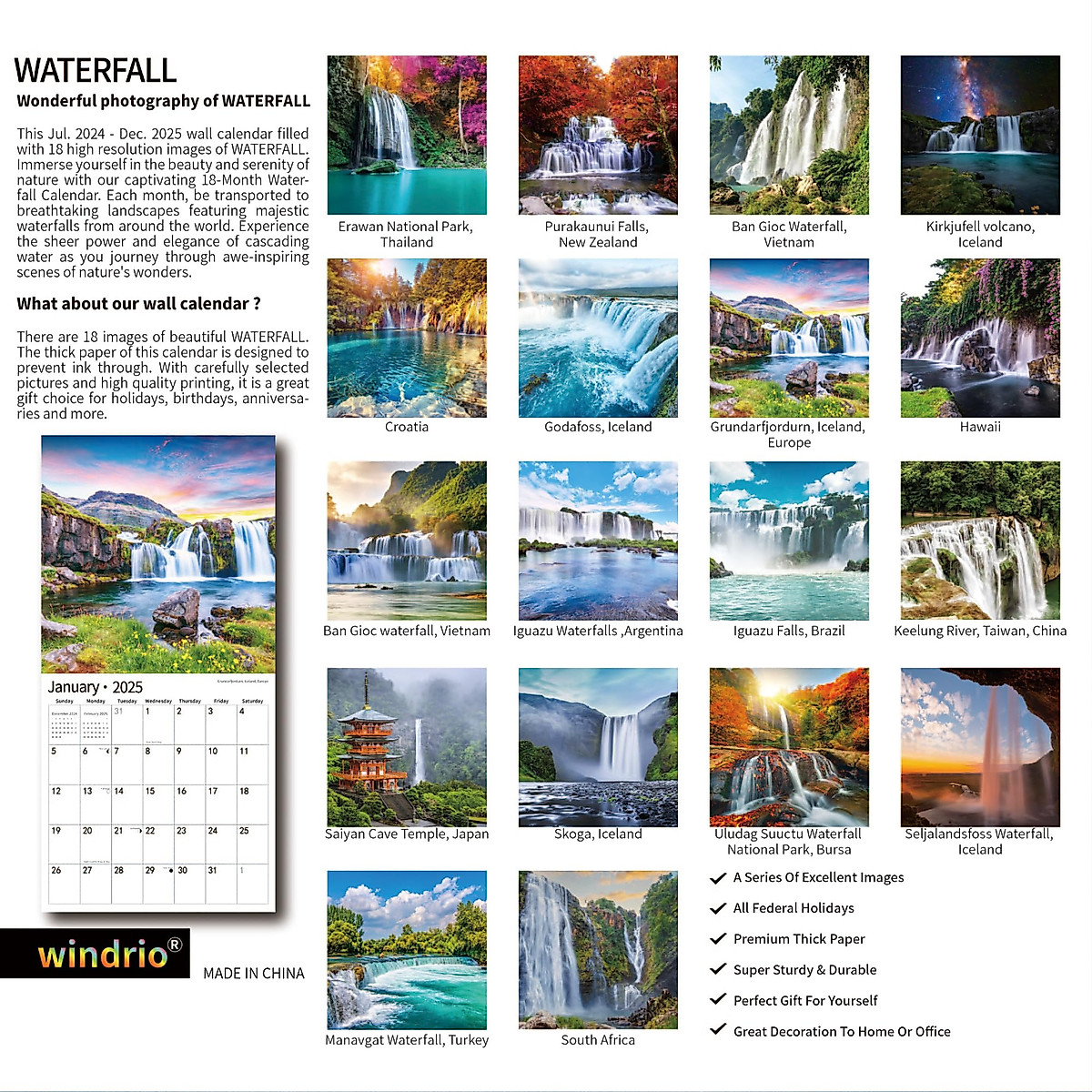 2024 2025 Wall Calendar, 18 Month July 2024 - December 2025, Monthly Calendar Waterfall, 12" x 24" Opened,Full Page Months Thick & Sturdy Paper for Gift Calendar Organizing & Planning