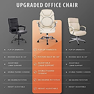 Comermax Modern Executive Office Chairs with Lumbar Support, 90-120° Rocking Managerial Chair Ergonomic PU Leather Home Office Desk Chairs with Wheels, Flip-up Arms & Back Support (White)