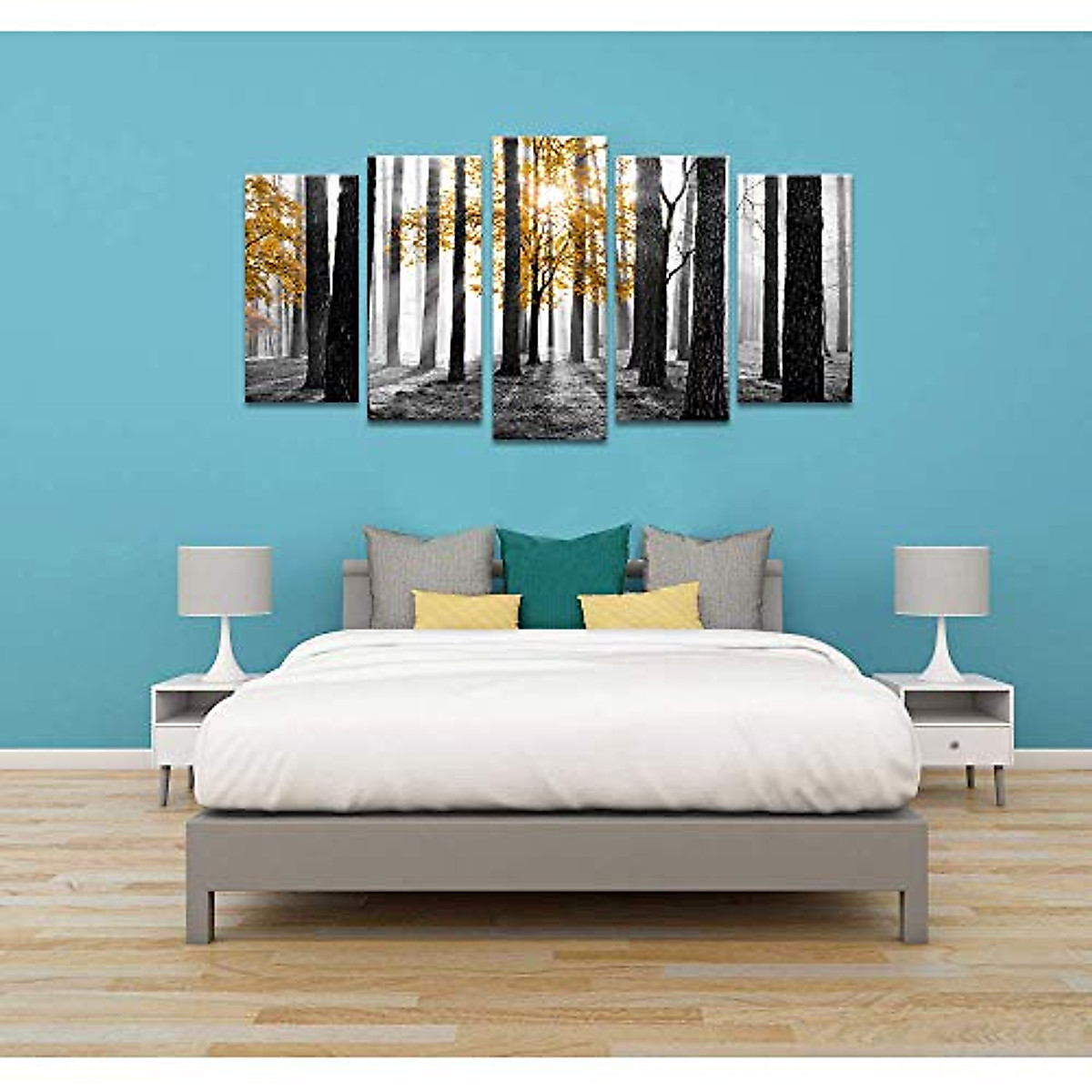 Visual Art Decor Large 5 Pieces Canvas Prints Yellow Tree in Black and White Sunshine Foggy Forest Picture Artwork Framed and Stretched Ready to Hang Modern Home Room Decoration L-60 XH-32(04 Forest)