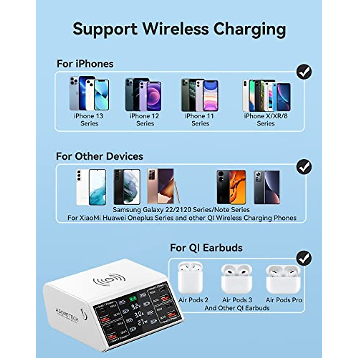 USB Charging Station, 100W 8-Port Charging Station for Multiple Devices with 4 QC3.0+4 USB C PD Ports, Wireless Charger, Multi Fast Charging Hub USB C Charging Station for iPhone,Samsung, iPad