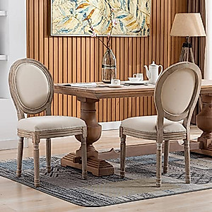Dining Chairs Upholstered Fabric Chair French Wooden Desk Chair Farmhouse Chairs with Round Back Mid Century with Solid Rubberwood Leg for Dining Room Bedroom Kitchen Restaurant Beige Set of 2