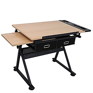 BBBuy MDF Drafting Table Desk Art&Craft Work Station Drawing Desk Height Adjustable Craft Table w/Stool and 2 Storage Drawers for Home Office School Study Room