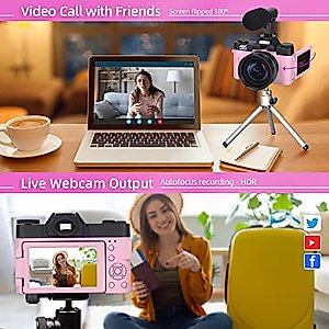 4K Digital Cameras for Photography, 16X Digital Zoom Camera, Video Camera with Wide-Angle & Macro Lenses, Flip Screen vlogging Camera for YouTube, External Microphone, 32GB TF Card - Pink