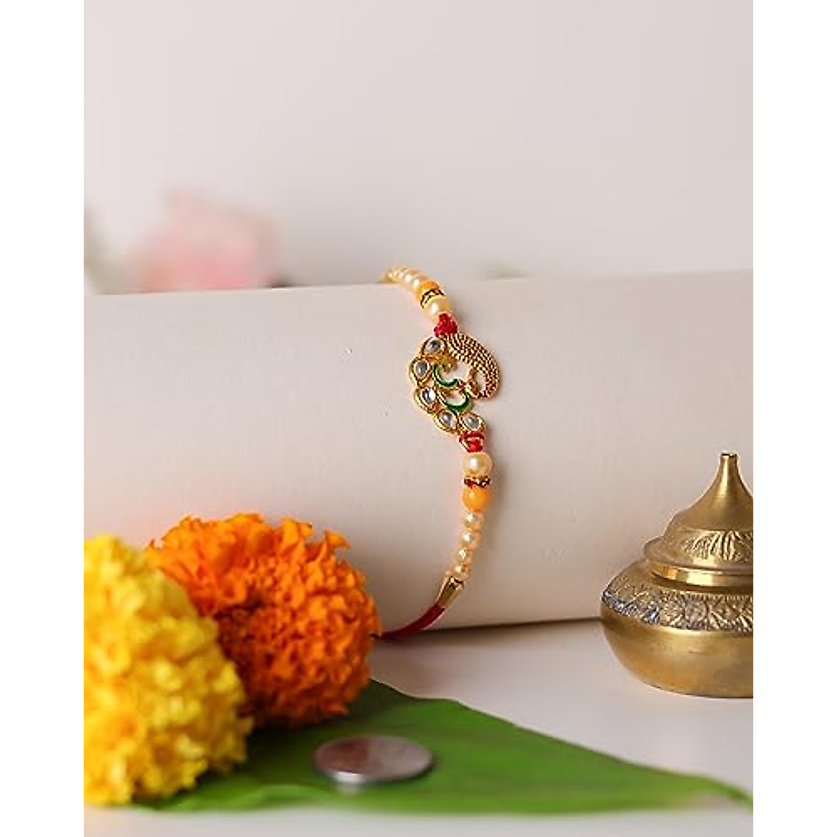 CHERKRAFT Rakhi for Brother Thread for Men/Boy Raksha Bandhan Peacock Design Rakhi with Pearls (Design 6)