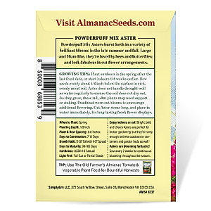The Old Farmer's Almanac Aster Seeds (Powderpuff Mix) - Approx 360 Flower Seeds - Premium Non-GMO, Open Pollinated, USA Origin