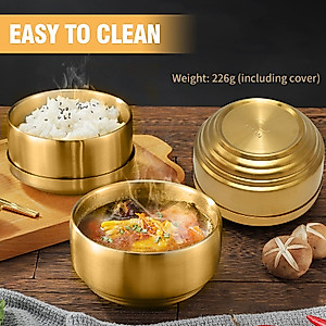 MDEOOSKY 2PCS 304 Stainless Steel Rice Bowls, Gold Metal Bowl with Lid, Double Layer Anti Scalding Bowl, Rice Bowls Soup Bowl Salad Bowl Noodle Bowl for Korean Kitchen Restaurant, 4.92 inch