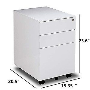 Danxee Fully Assembled Modern Design 3 Drawers Metal Mobile File Cabinet for Legal/Letter Size with Lock Key on Wheels for Home Office (White)