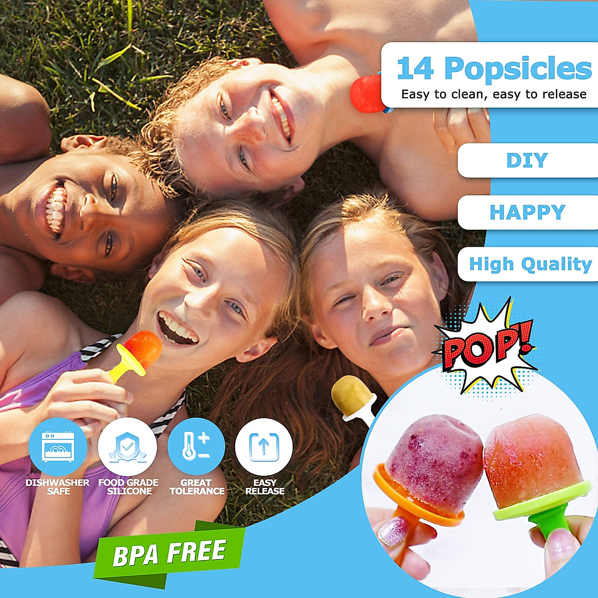 Silicone Popsicle Molds 14-cavity DIY 2Pcs Ice Pop Mold with Colorful Sticks For egg biting ice cream molds baby food storage containers non stick cake molds (Purple&Blue)