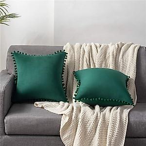 DEZENE Decorative Pillow Covers 18x18 Green: 2 Pack Cozy Soft Pom-poms Velvet Square Throw Pillow Cases for Farmhouse Home Decor
