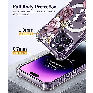GVIEWIN for iPhone 14 ProMax Case Compatible with MagSafe, [Screen Protector + Camera Lens Protector] [MIL-Grade Protection] Magnetic Floral Clear Shockproof Women Phone Case for 14 Pro Max(Purple)
