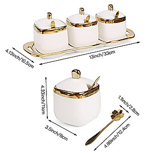 Fvstar Ceramic Sugar Bowls 3pcs Porcelain Spice Pots Salt Containers Condiment Jar Seasoning Storage Jar with Spoon and Tray,Sugar Jar for Kitchen,Coffee Bar, Countertop(White)