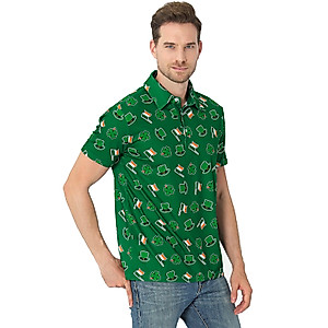 Men's Saint Patricks Day Polo Shirt Irish Shamrock Four Leaf Lucky Clover Short Sleeve Golf Top, Dark Green, Medium