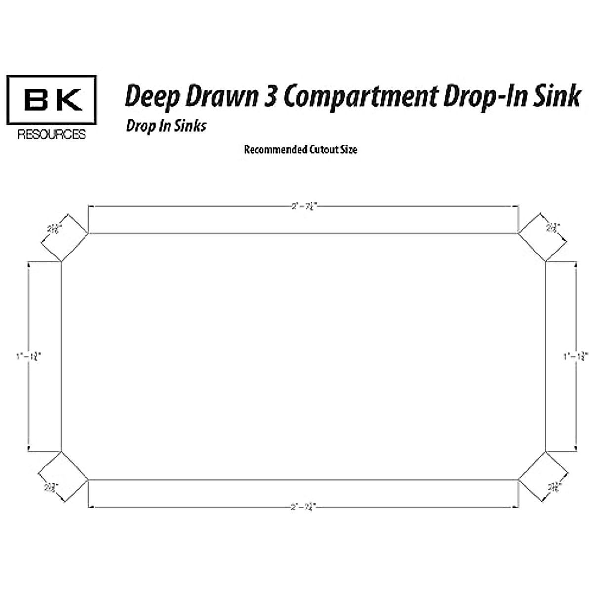 BK Resources DDI3-10141024 Three Compartment Drop-in Deck Mount Sink 10" x 14" x10" Bowl