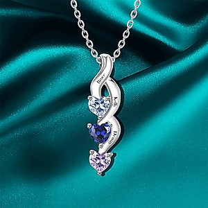 ORFAN Personalized Sterling Silver Mothers Name Necklace with 3 Simulated Birthstones Custom Heart Pendant Necklace Personalized Mom Necklace for Christmas (Silver)