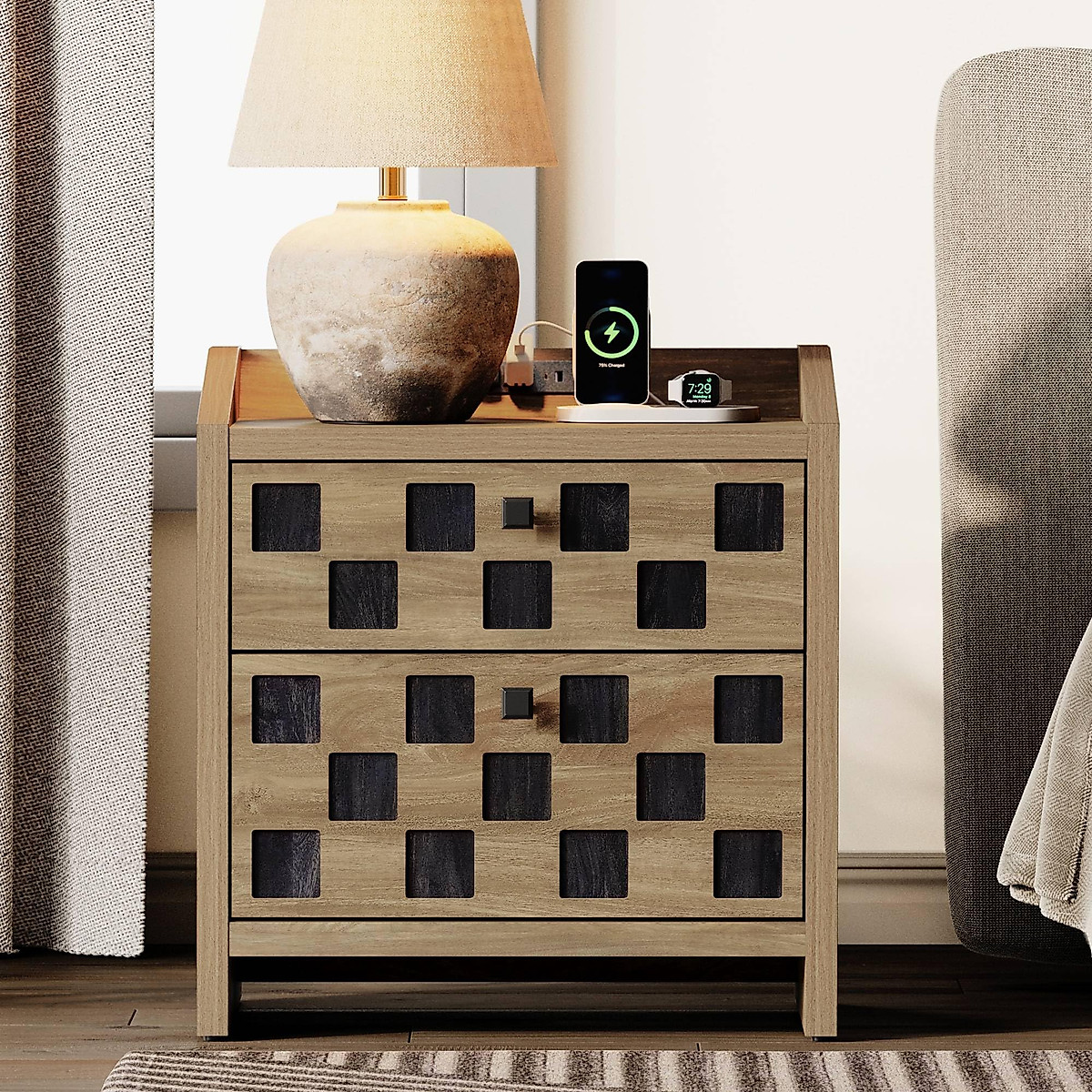 SICOTAS Wide Nightstands Set of 2 with Charging Station and USB-C Port, 24" Large Wood Night Stand with 2 Drawers, Bedside Table with Checkered Pattern Decor, End Side Table with Storage for Bedroom