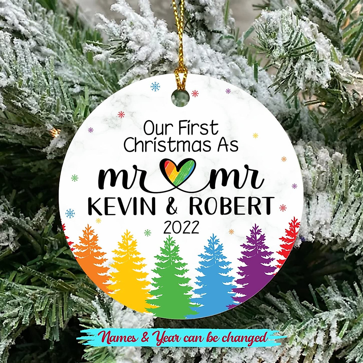 Personalized Gay Pride LGBT Christmas Tree Rainbow Ornament, Our First Christmas As Mr & Mr Ornament Gift for Couple Gay LGBT Newlywed Wedding, Custom Names Couple Gay 1st Xmas As Mr & Mr Ornament