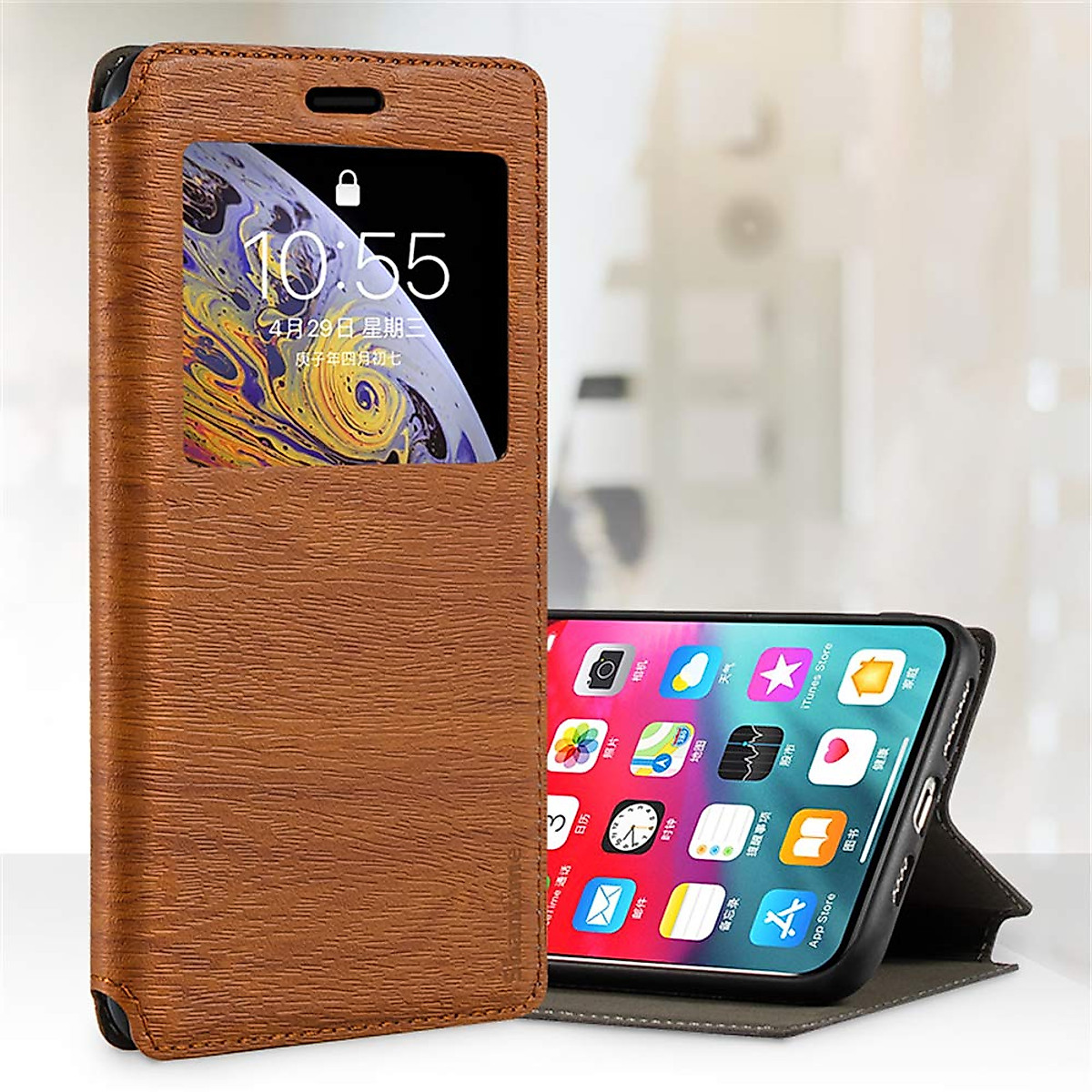 for Gigaset GS5 Case, Wood Grain Leather Case with Card Holder and Window, Magnetic Flip Cover for Gigaset GS5 Lite (6.3”)