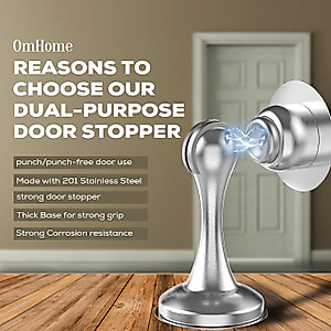 OmHome Magnetic Door Stop Silver Pack of 1 Soft-Magnetic Door Catch, Magnetic Door Stoppers for Bottom of Door, Practical, and No-Drill Solution with 3M Self Adhesive Pads to Hold Wide Doors Securely